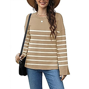 Disamer Women's 2025 Casual Oversized Sweaters Fall Clothes Trendy Long Sleeve Crew Neck Pullover Tunic Tops,Stripe Khaki,Large