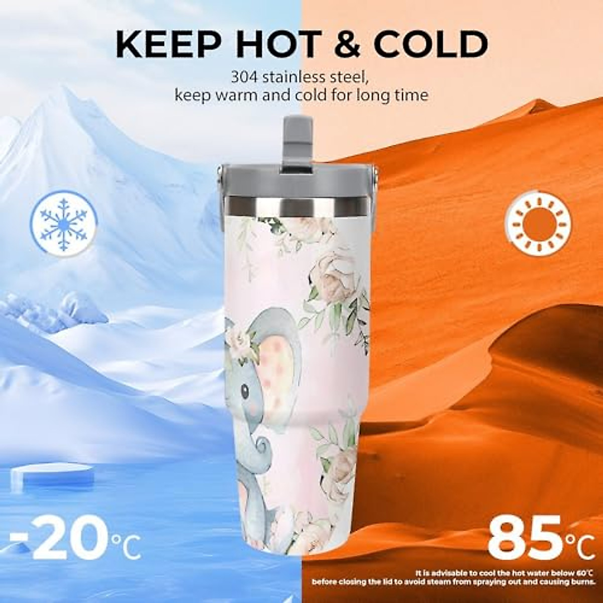 RTFGHJS Cute Elephant_80395810 30 Oz Tumbler with Handle And Flip Straw, Stainless Steel Vacuum Insulated Travel Mug, Thermal Cup for Coffee, Water, Iced Drinks, Fits Car Cup Holders (Home, Sports)