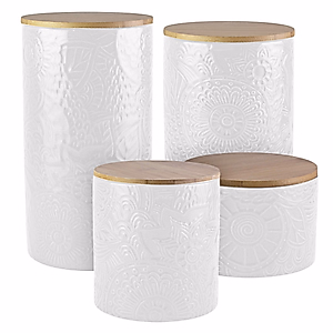 American Atelier Embossed Canister Set 4-Piece Ceramic Set Jar Container with Wooden Lids for Cookies, Candy, Coffee, Flour, Sugar, Rice, Pasta, Cereal & More White