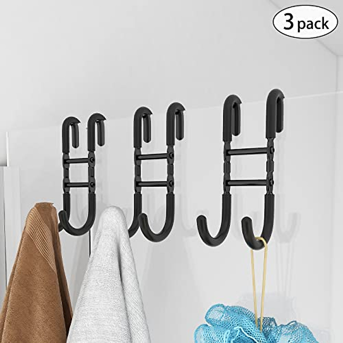 3 Pack Over Shower Door Hooks,Black Towel Hooks for Bathroom Frameless Glass Shower Door and Kitchen,for Bathing Suits,Robe,Towel,Squeegee,Loofah