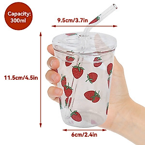 Agatige 300ml Glass Water Cup with Straw and Lid, Cute Strawberry Mug Glass Milk Bottle Water Juice Smoothie Drinking Cup for Home Office School