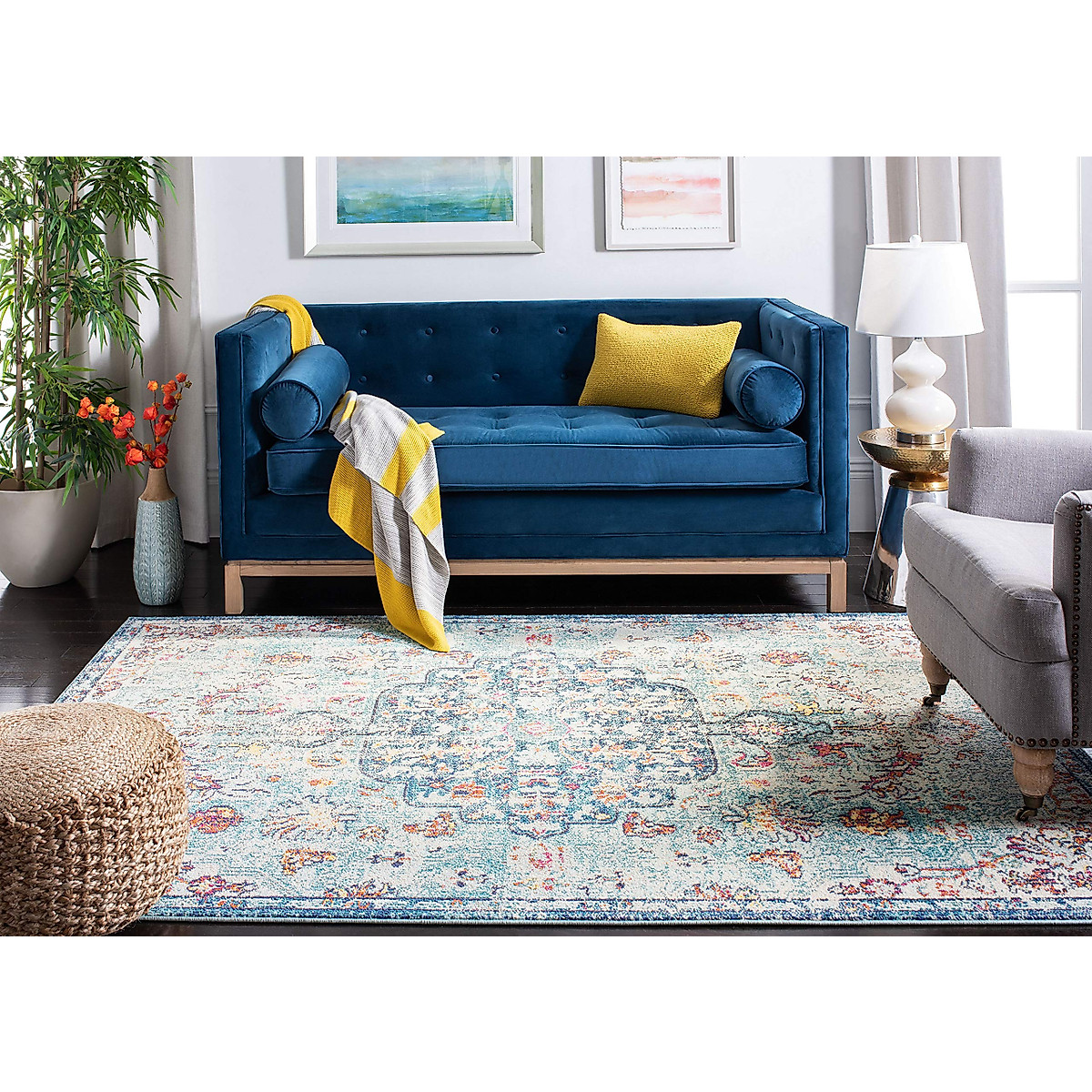 SAFAVIEH Madison Collection Area Rug - 9' x 12', Navy & Light Blue, Boho Chic Medallion Distressed Design, Non-Shedding & Easy Care, Ideal for High Traffic Areas in Living Room, Bedroom (MAD447K)