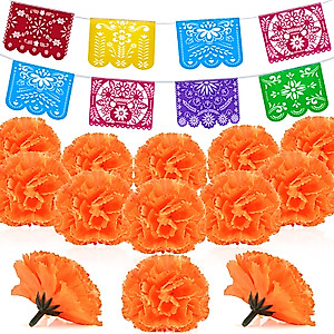 WILLBOND 74 Pieces Faux Marigold Flower Mexican Banners Mexican Party Decoration Plastic Papel Picado Banner Day of The Dead Decor for Mexican Party Papel Picado Fiesta (Orange)