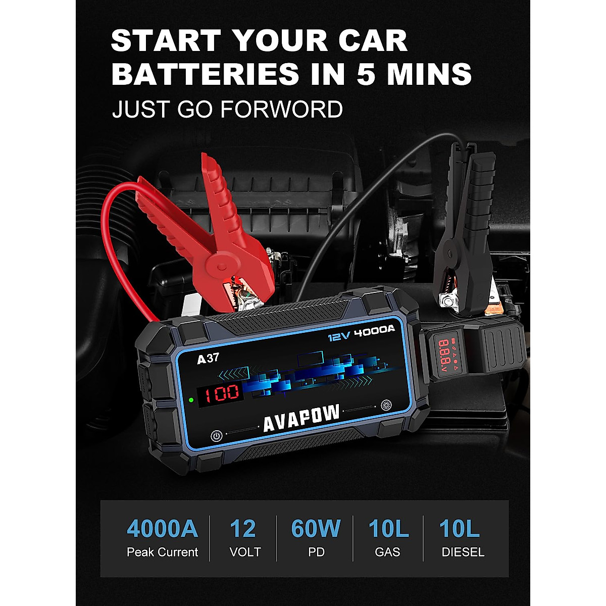 AVAPOW Jump Starter Car Battery 4000A Peak,Portable Jump Starters for Up to 10L Gas 10L Diesel Engine,12V Lithium Jump Pack with Smart Safety Clamp, IP65