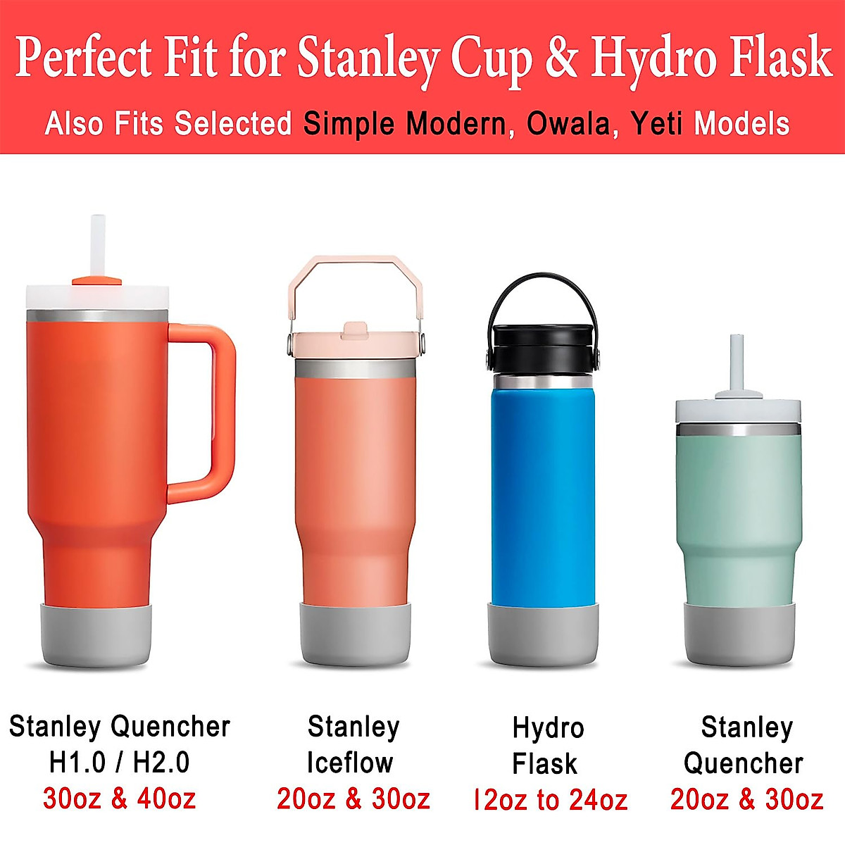 KTKUDY 2Pcs Silicone Boot for Stanley Quencher Tumbler H2.0 30 oz 40 oz & IceFlow 20 oz 30 oz & Intended for Hydro Flask Water Bottle 12-24 oz - Protective Cup Bottom Accessories Fits Stanley Cup