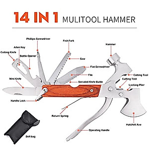 Multitool Hammer Camping Gear Accessories Survival Kits 14 in 1 Multifunction Tool Portable Folding Wood Handle Stainless Steel Multipurpose Equipment For Outdoor Hiking Hunting Tactic Unique Gifts