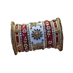 Alfatex Rajwadi Indian Red & White Suhag Chura Punjabi Style Hanging Metal Elephant Figure Bangles Set Pakistani Party Wear Eid Chuda Chooda Patla (Red & White, 2.6 Inches)