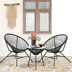 Acapulco Patio Bistro Set 3-Piece Outdoor Furniture Set All-Weather Woven Rope Patio Conversation Set with Glass Top Table and 2 Chairs (Black)
