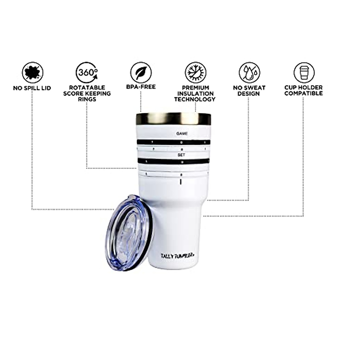 Tally Tumbler Tennis, Stainless Steel Cup Holder, 30 oz Leak Proof Lid, Double Wall Insulation, Tennis Tumbler with Score Keeping Counter used to Track Game Score & Set Score, for Two Teams