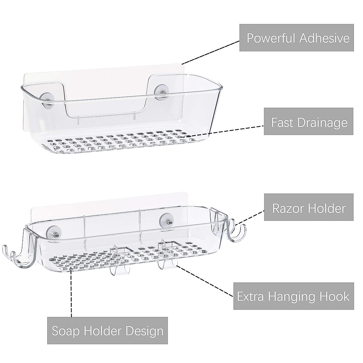 TZAMLI Shower Caddy, Adhesive Shower Organizer Rustproof Shower Shelf with Razor Holder and Hook, Shower Rack for Bathroom Storage (Clear, 2 Pack)
