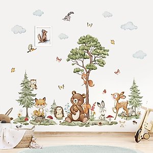 wondever Woodland Animals Wall Stickers Large Pine Tree Forest Bear Deer Fox Peel and Stick Wall Art Decals for Baby Nursery Kids Bedroom Playroom