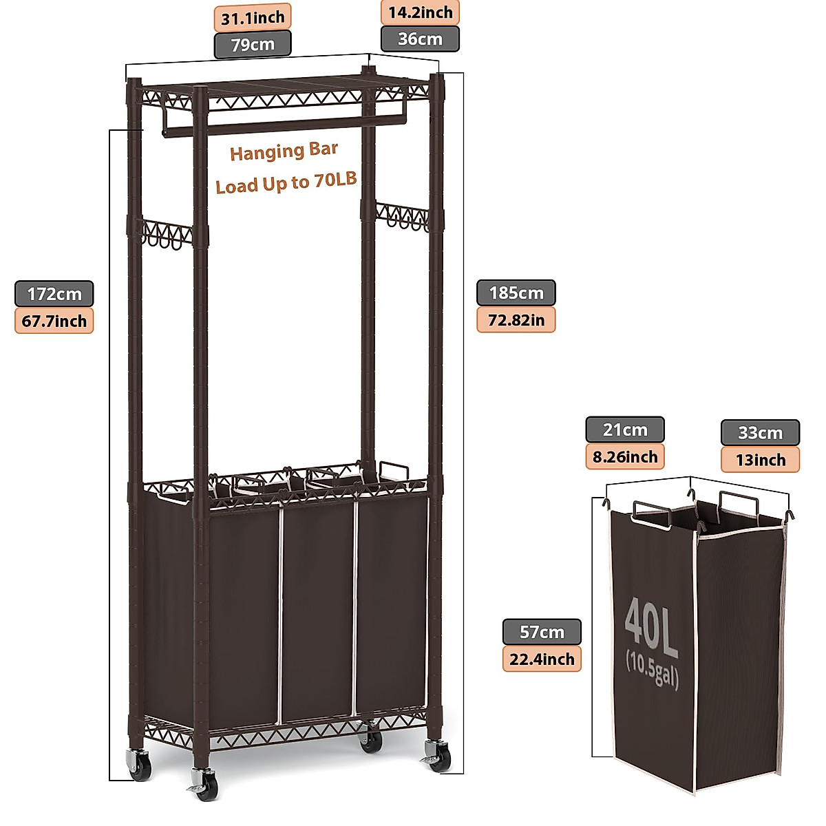 Hodonas Laundry Sorter 3 Section with Hanging Bar, Rolling Laundry Hamper Cart 3-Bag Laundry Basket Organizer Sorter with Hanging Rack Lockable Wheels and Removable Bags for Clothes Storage, Espresso