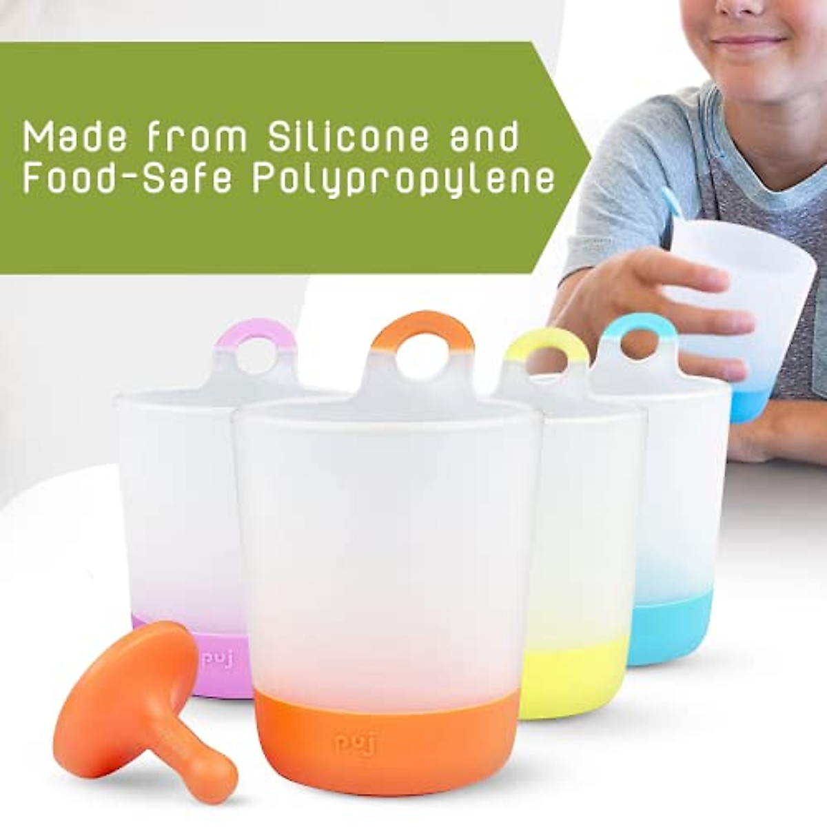 Puj - Phillip Cups, Hangable, Rinse-and-Play Reusable Plastic Cups, Highly Functional Fun Cups for Kids, Set of 4 Kids Cup with 4 Grippy Hooks - Frustration Free Packaging (MultiColor)