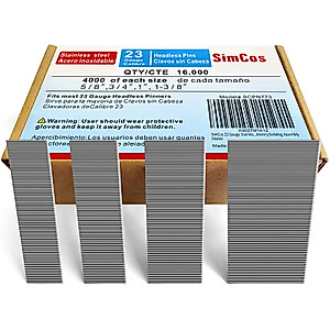 SimCos 23 Gauge Stainless Steel Pinner Nails (5/8",3/4",1",1-3/8") assorted 4 sizes' Headless Pin Nails for 23 GA Pneumatic or Electric Pin nailer or pin nail gun,Project Pack (4000)