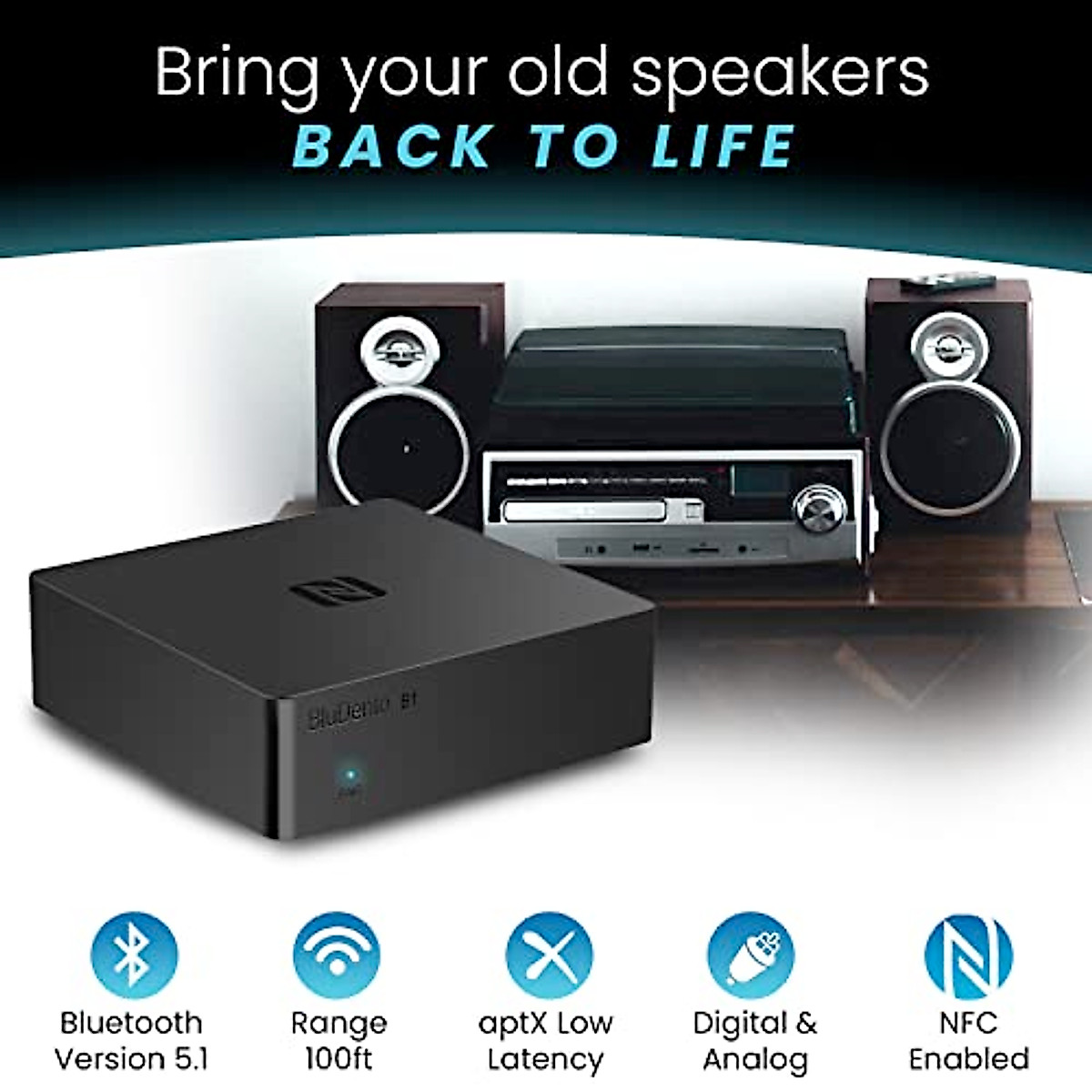 BluDento B1 Bluetooth Stereo Receiver, HD True Hi-Fi V5.1 Audio Receiver, Onboard TI DAC for Analog Stereo RCA Output with Long Range, Digital Coaxial and Optical Output with NFC Pairing Enables