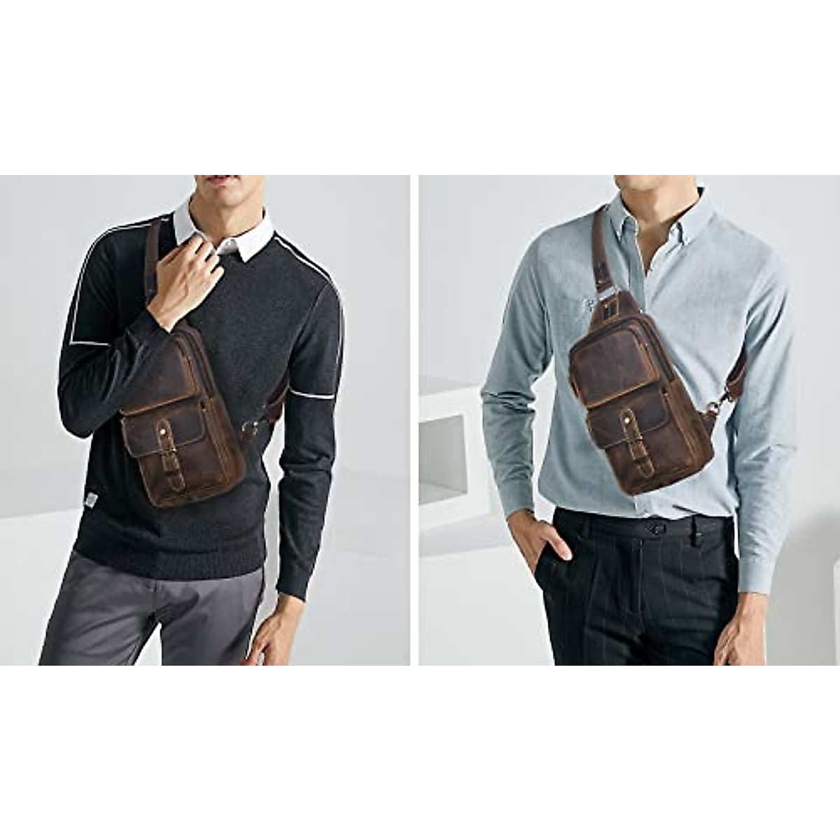 Le'aokuu Outdoor Casual Travel Hiking Tea Crossbody Chest Sling Bag Rig One Shoulder Strap Bag Backpack For Men Male Real Leather 1315 (A Brown)