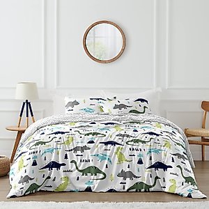 Sweet Jojo Designs Navy Blue and Green Modern Dinosaur Boys or Girls 3 Piece Full/Queen Bedding Childrens Teen Mod Dino Set