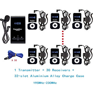 EXMAX ATG-100T 195MHz Wireless Tour Guide System Voice Audio Transmission +32-Slot Charge Case for School Teaching Tour Guides Conference Church Translation City Trip(2 Transmitters and 30 Receivers)