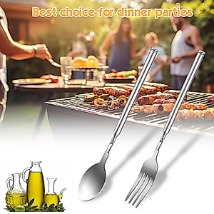 GEEHUA Extendable Fork Spoon, Telescopic Fork and Spoon Set Stainless Steel Long Fork Retractable Dining Spoons Expandable Extension Fork Spoon for BBQ Fruit Dessert Extender to 25.2"