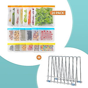 20 Pack Reusable Storage Bags with Drying Rack,BPA Free PEVA Reusable Freezer Bags,Reusable Gallon Bags, Reusable Sandwich Bags, Silicone Food Bags for Women, Men and Kids