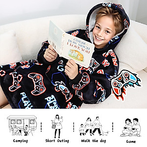 REXEO Wearable Blanket Hoodie for Kids Fleece Sweatshirt Blanket Gamer Gifts for Boys Girls Flannel Hooded Blanket with Pocket and Sleeves for Kids