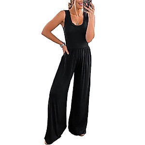 PRETTYGARDEN Women’s Summer Sleeveless Tank Jumpsuits High Waist Low Cut Casual Scoop Neck Fit And Flare Long Pants Rompers(Black, Large)