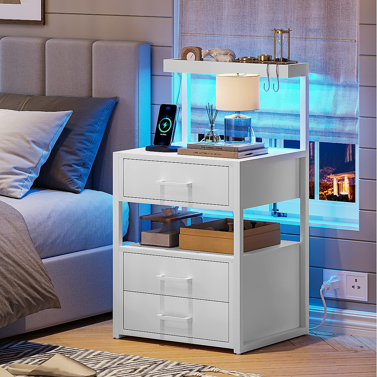 AOGLLATI Nightstand Set of 2 with Charging Station and LED Lights, Bedside Table with 3 Drawers and Open Storage Shelves, 2 USB Ports and 2 AC Outlets, LED Night Stand for Bedroom, 2 Pack, White