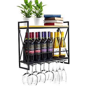 Sorbus Wine Bottle Stemware Glass Rack, Industrial 2-Tier Wood Shelf, Wall Mounted Wine Racks with 5 Stem Glass Holders for Wine Glasses, Flutes, Mugs, Home Décor, Metal