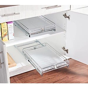 FILTREN Set of 2 Large Pull Out Organizer, Expanding Sliding Cabinet Drawer with Black Liners 30x20x4 in.