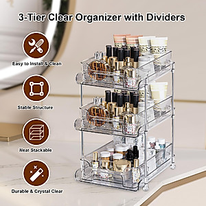 KELLODY 3 Tier Bathroom Storage Organizer with Dividers, Clear Under Sink Organizers and Storage Multi-Purpose Pull Out Cabinet Organizer for Bathroom Kitchen, Vanity Makeup Organizer