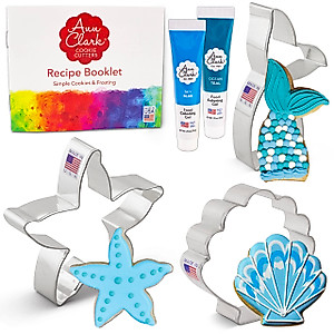 Mermaid Cookie Cutters and Decorating 5-Pc. Set Made in USA by Ann Clark, Starfish, Seashell, Mermaid Tail, Teal & Sky Blue Food Coloring Gel