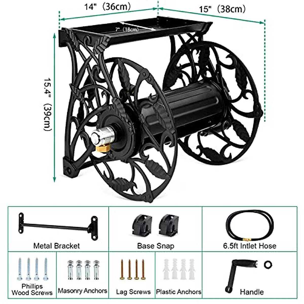 Garden Hose Reel Wall Mount with 6.5ft Leader Hose, Storage Shelf, Holds 130ft of 5/8 Hose, Portable Cast Iron Water Hose Reel for Outside Gardening Tools, Decorative Metal Hose Storage Holder
