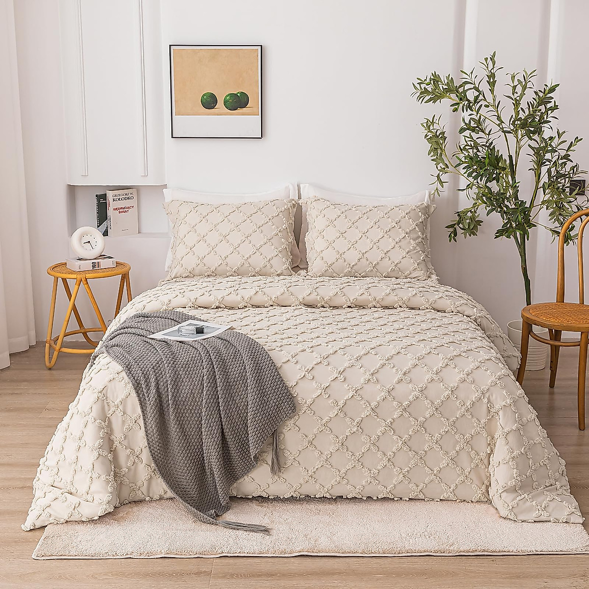 MILDLY Boho Duvet Cover King Size, 3 Pieces Shabby Chic Khaki King Size Comforter Cover for Home, Soft Tufted Duvet Cover with Corner Ties & Zipper Closure-No Comforter