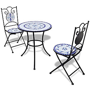 vidaXL Bistro Table 23.6" Mosaic with 2 Chairs Blue and White Chair Furniture