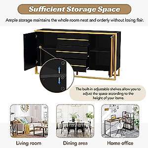59" L Sideboard Buffet Cabinet, Modern Kitchen Storage Cabinet with 3 Drawer & 2 Doors Wood Cupboard Console Table with Gold Metal Legs Entryway Table Console Cabinet for Dining Living Room, Black