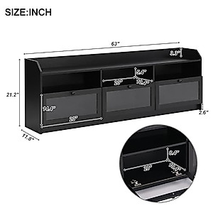 P PURLOVE Entertainment Wall Unit with Tall Cabinets, Modern TV Console Table for TVs Up to 65" with Acrylic Board Door, Multifunctional TV Stand Set for Living Room (Black)