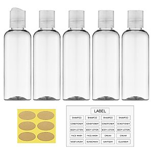 owlyee 3.4 oz Travel Bottles for Toiletries, Empty Travel Size Containers Tsa Approved, 5PCS Small Plastic Shampoo Bottles with Labels (100ml, All Clear)