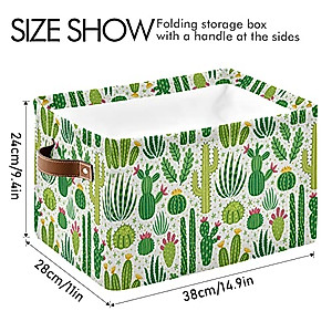 Rectangular Storage Basket Storage Bin - Tropical Cactuses Floral Succulents Collapsible Storage Box with Leather Handles Empty Gift Baskets Organizer for Home, Bedroom