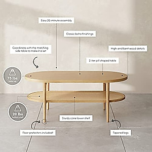 Nathan James Sonia Coffee Table with Storage Shelf, Light Wood/Rattan