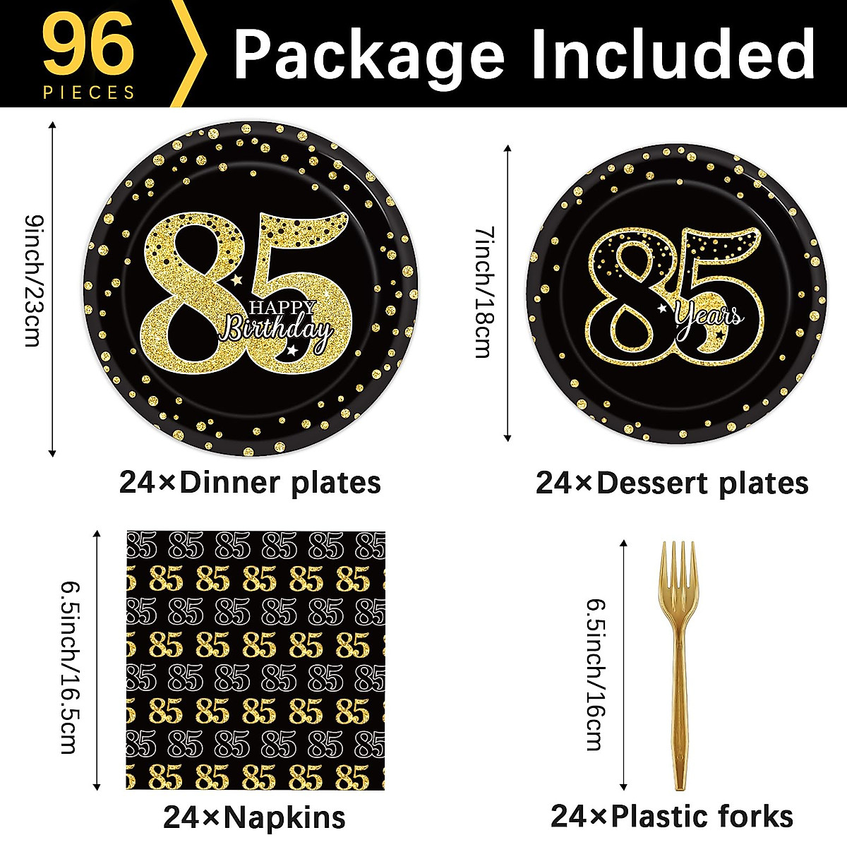 96 Pcs 85th Birthday Party Supplies 85th Birthday Tableware Plates Cheers to 85 Years Table Decorations Dinnerware Happy 85th Birthday Party Favor for Men Woman Eighty-five Years Birthday 24 Guests