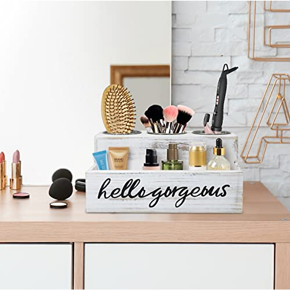 Rustic White Hair Dryer Holder, Curling Iron Holder Hair Tool Organizer, Hair Product Organizer, Hair Styling Tools Accessories Organizer, Blow Dryer Holder for Bathroom Countertop Vanity Storage