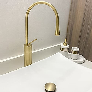 Luxury High Arc Single Handle One Hole,Tall Modern Bathroom Vessel Sink Faucet, Solid Brass Lavatory Vanity Faucet, Free Pop Up Drain Assembly and Water Hoses. cUPC Certified (Brushed Gold)