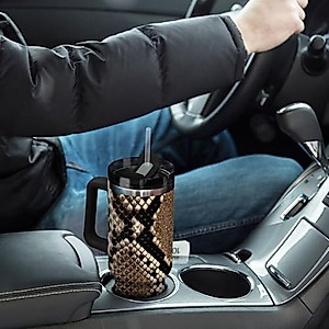 Yasala Car Tumbler with Handle Fancy Snakeskin Brown Travel Mug Coffee Cup Insulated Beverage Container Mega Cup for Hot Cold Drinking Thermos Water Bottle Cupholder Friendly 40 oz