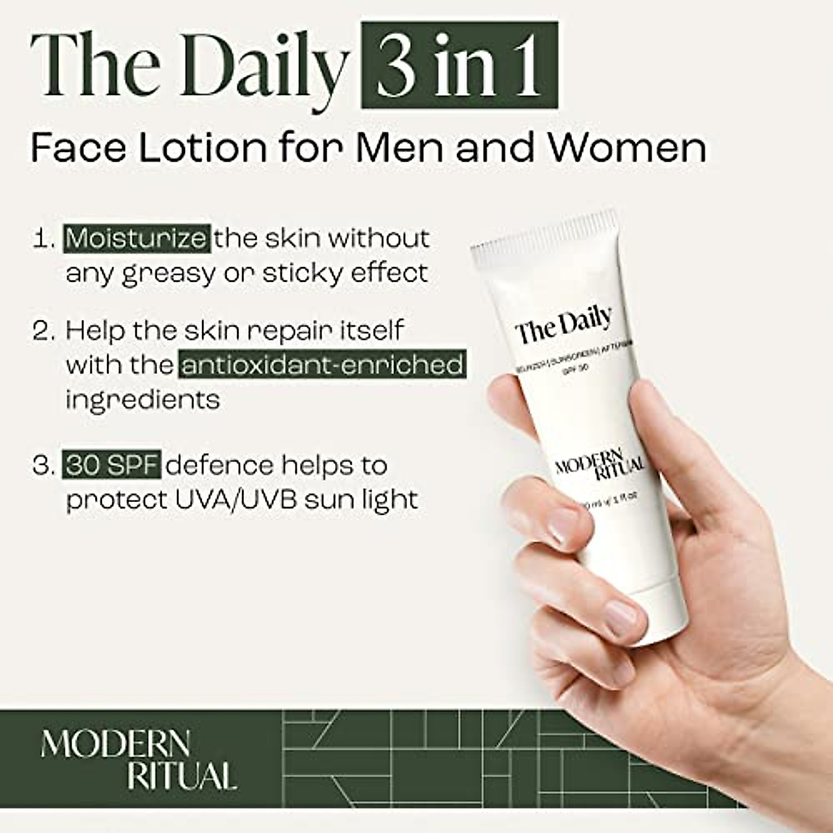 MODERN RITUAL Made in USA Daily 3-in-1 SPF 30 Face Moisturizer - Healing Aftershave - Face Sunscreen - Ultra-Hydrating Face Lotion - Anti-Aging Facial Moisturizer - 1 Fl oz