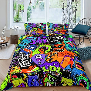 Feelyou Monster Comforter Cover Set Hippie Graffiti Pattern Duvet Cover for Kids Boys Teens Colorful Cartoon Bedding Set Street Culture Theme Bedspread Cover Bedroom Decor 2Pcs Bedclothes Twin Size