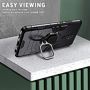 FaDream for Xiaomi Redmi 9 Case, Rugged Shockproof Dual Layer Heavy Duty Protective Kickstand Cover with [2 Pack] Tempered Glass Screen Protector (Black)