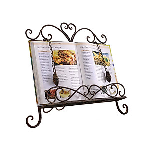 Westcharm Holiday Gift - Antique Metal Kitchen Cookbook Stand, Recipe Book Holder, iPad Holder, Cookery Book Easel with Weighted Chains, Rustic Dark Brown
