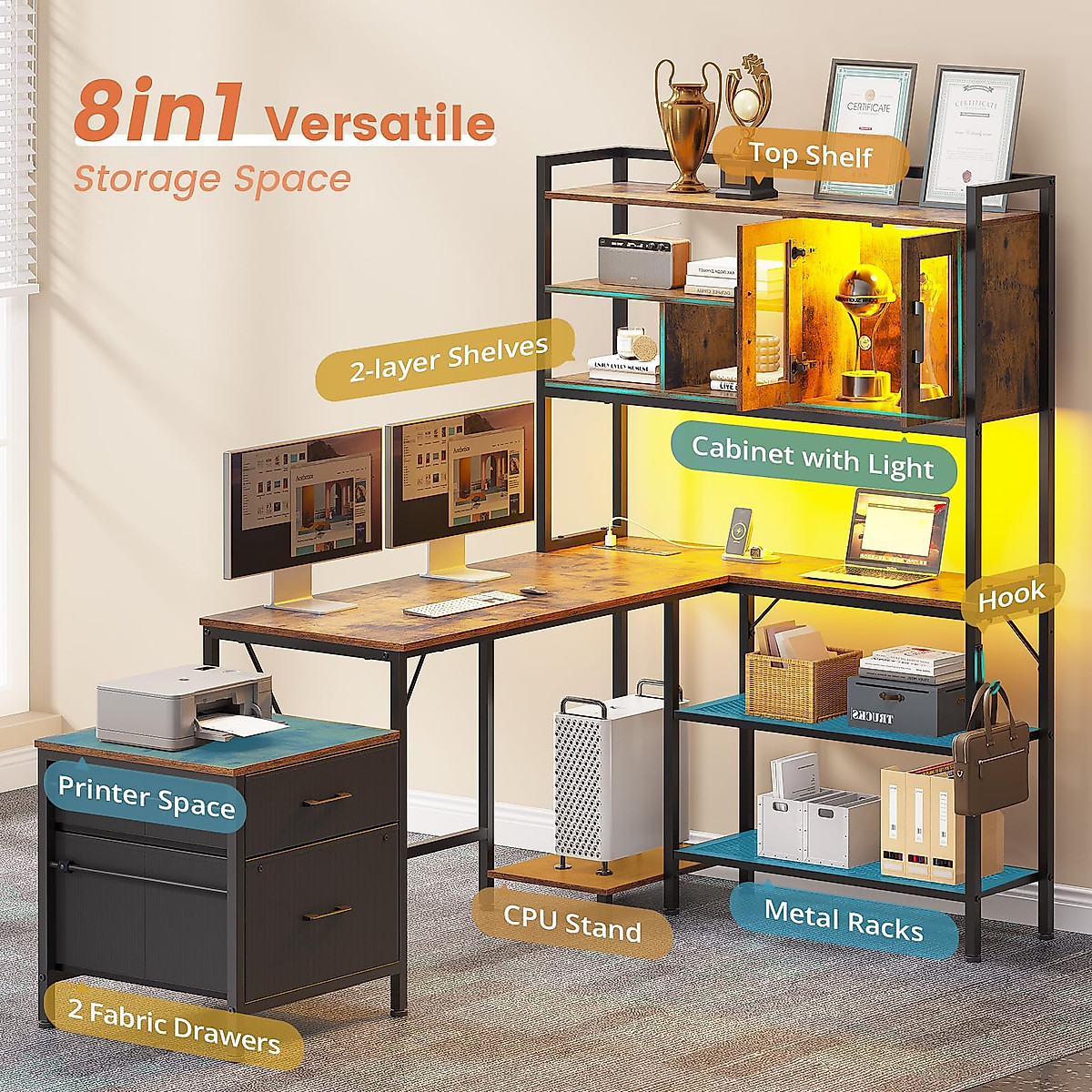 UPOSOJA L Shaped Computer Desk, 69.7in Gaming Desk with Hutch, Home Office Desk with Power Outlet, Bookshelf Led Strip File Cabinet Printer Rack (Brown, 1 Hutch)