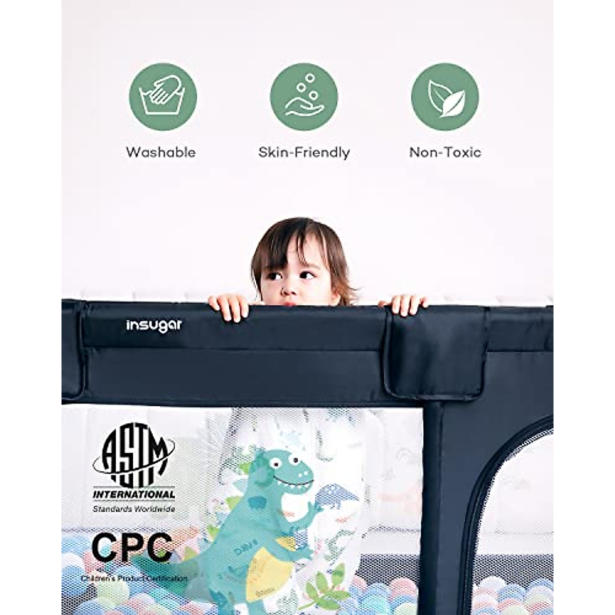 Baby Playpen Play Yard Sturdy, Insugar Playpen for Babies and Toddlers, Portable Small Baby Fence, Safe Play Area with Gate, Breathable Mesh, Dinosaur Printed, BPA-Free, Non-Toxic, Black, 47"x47"x27"