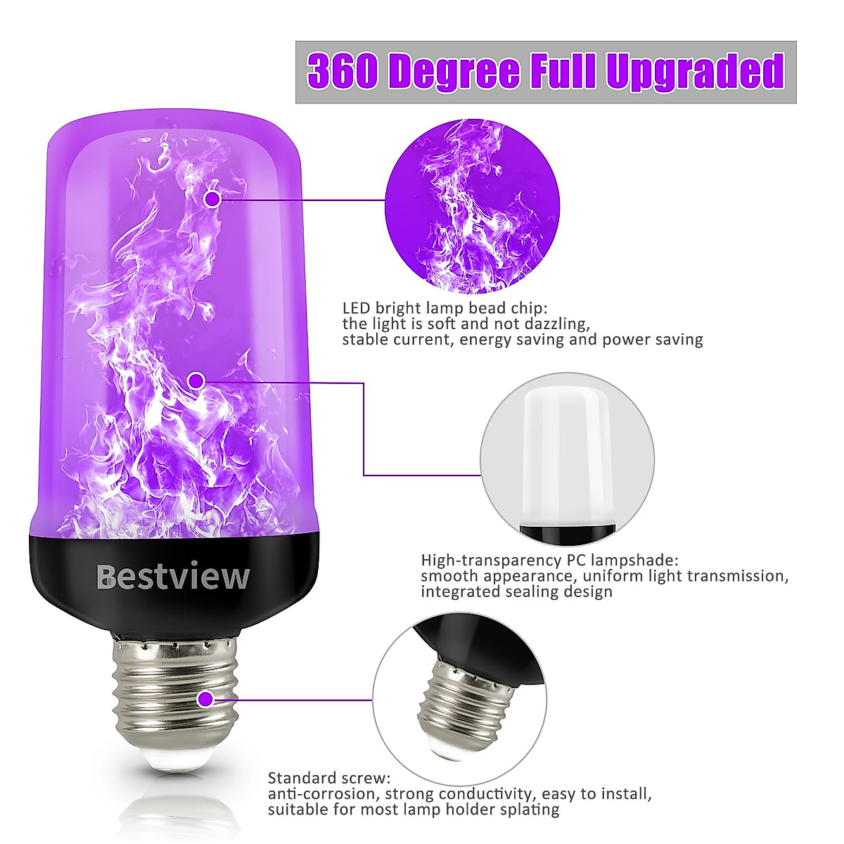 Bestview LED Flame Effect Light Bulbs,4 Modes Smart E26/E27 Base Flickering Fire Light Bulbs for Halloween, Christmas, Party, Porch, Indoor&Outdoor Home Decoration Lighting (Purple 2 Pack)